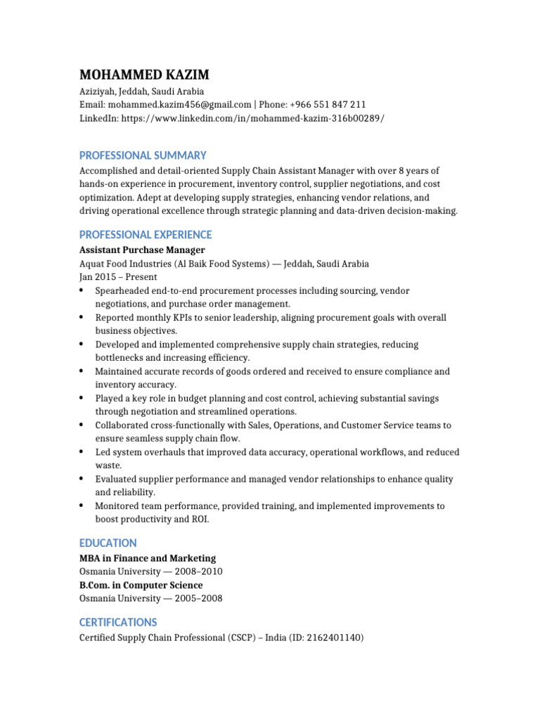 Mohammed Kazim Supply Chain Resume | PDF | Supply Chain | Supply Chain Management