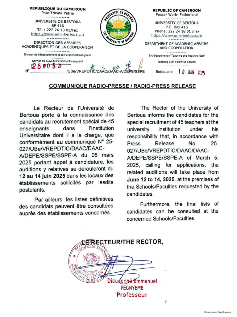 Communique Auditions Recrutement Special Ube Juin 2025 | PDF