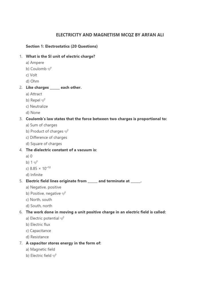 Electricity and Magnetism MCQZ by Arfan Ali | PDF | Inductor ...