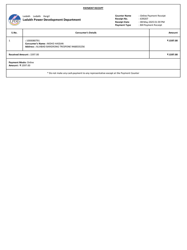 Ladakh Power Development Department: Payment Receipt | PDF