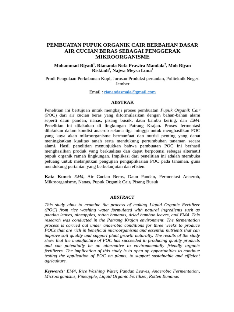 Pembuatan Pupuk Organik Cair Berbahan Dasar Air Cucian Beras Sebagai Penggerak Mikroorganis | PDF