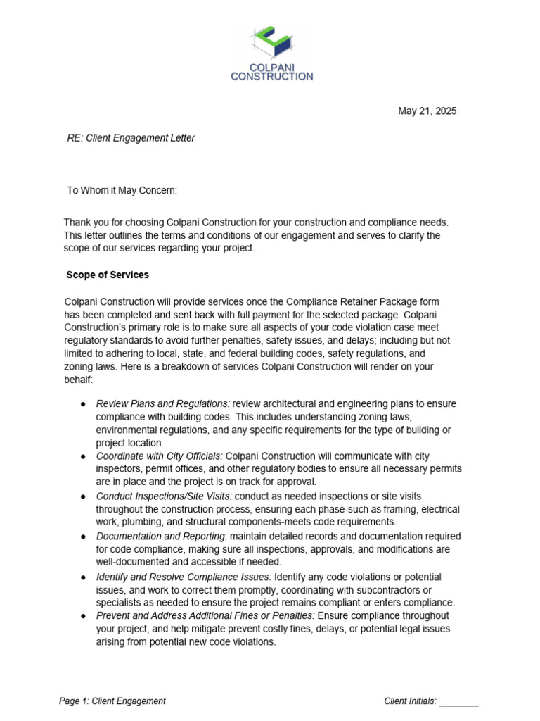 Colpani Construction Engagement Terms | PDF | Regulatory Compliance ...