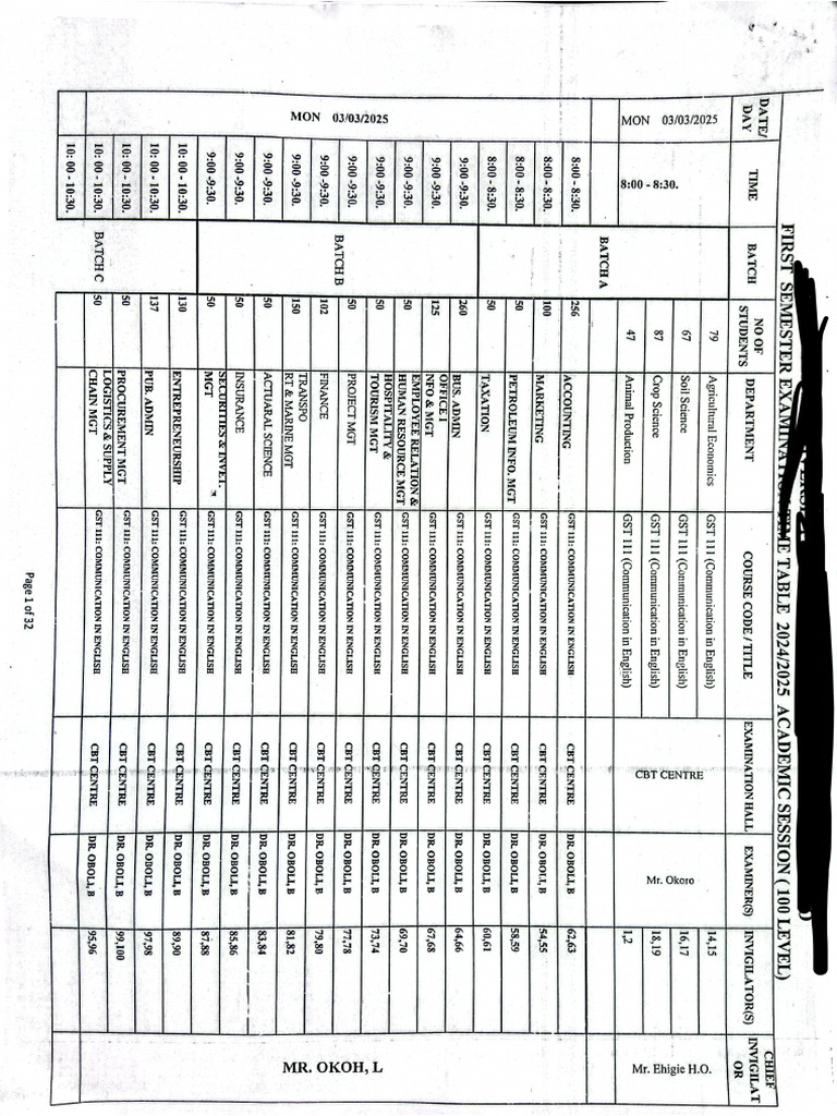 100L First Semester General Exams Timetable, 2025 | PDF
