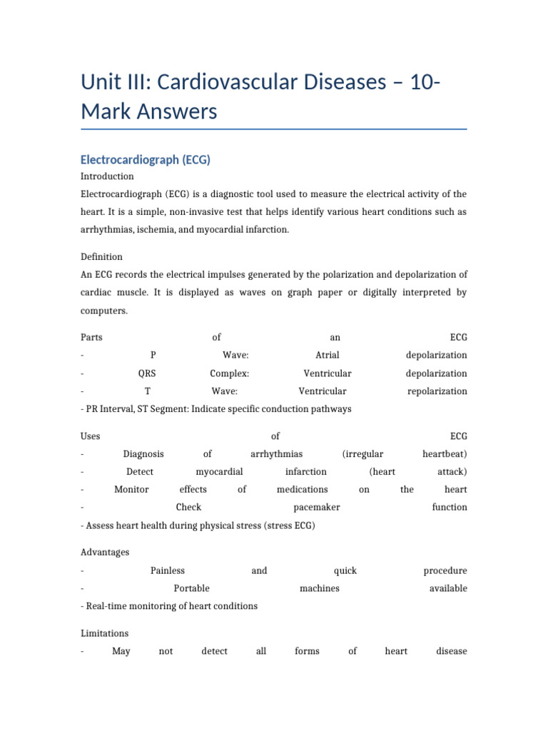 Unit III Cardiovascular Diseases Complete Answers | PDF | Electrocardiography | Echocardiography