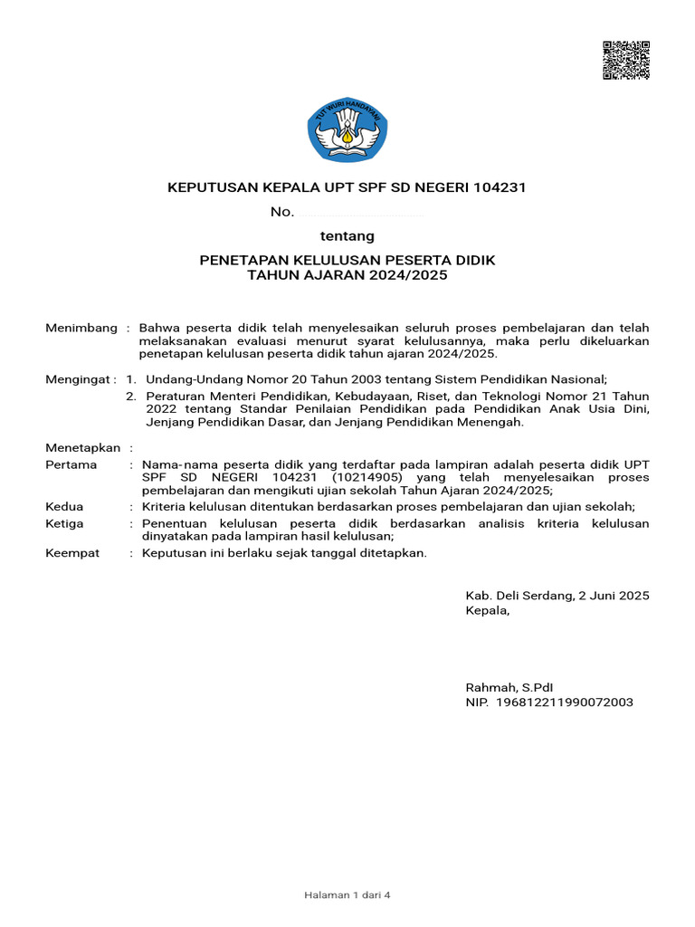 SK Penetapan Kelulusan Tahun 2025 Valid | PDF