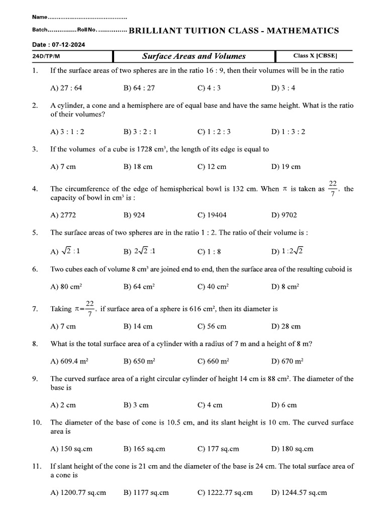 CLASS X (Surface Areas and Volume) 07-12-2024 (BTC CBSE) | PDF