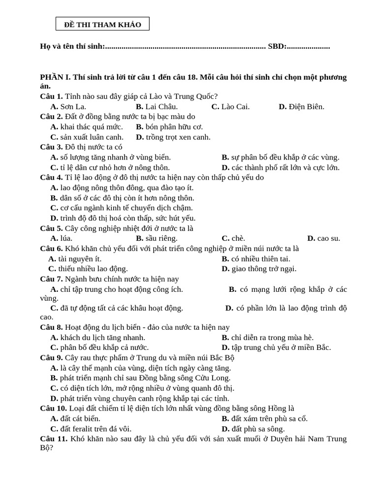 Đề Tham Khảo. Xuân Áng | PDF