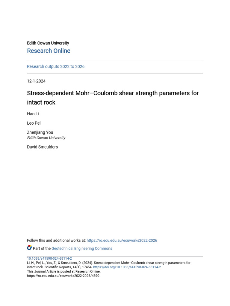 Stress-Dependent Mohr - Coulomb Shear Strength Parameters For Intac | PDF | Fracture | Least Squares