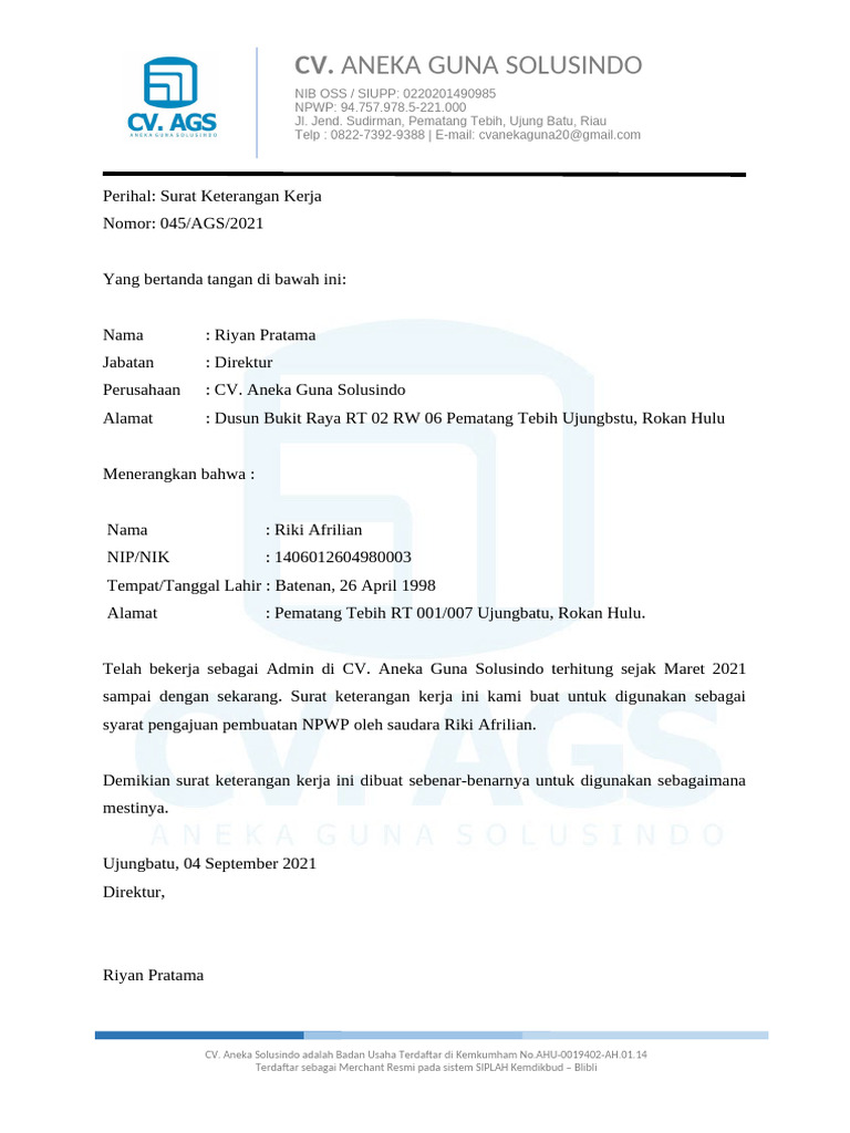 Surat Keterangan Kerja Riki | PDF