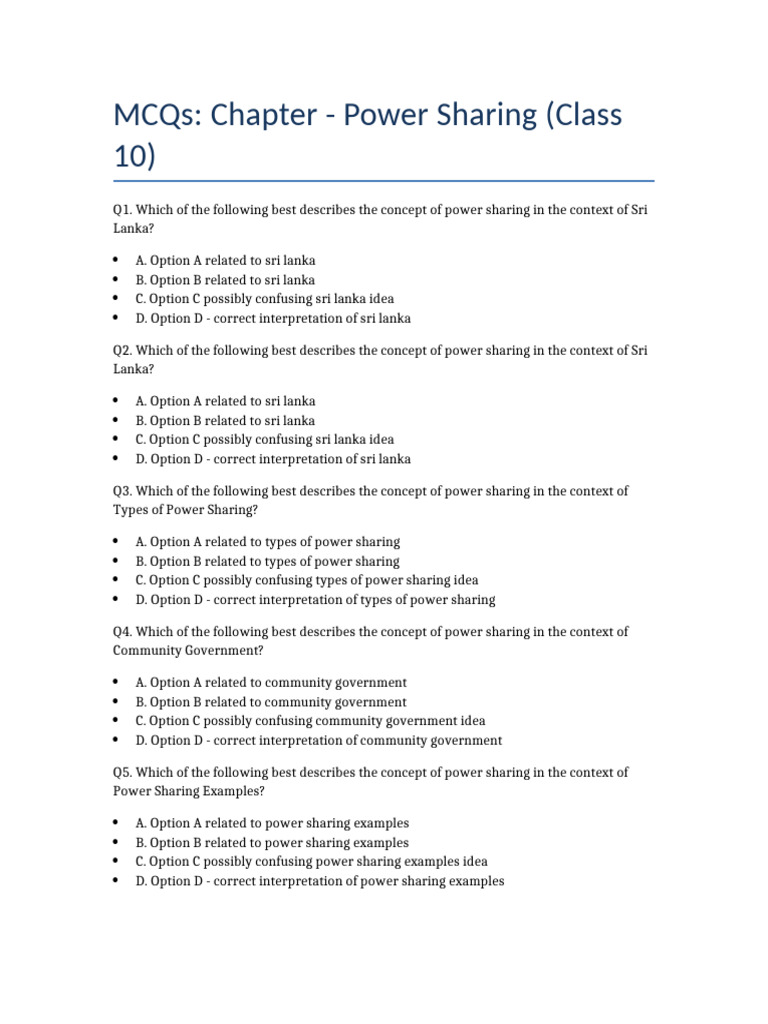 Power Sharing MCQ Class10 | PDF | Political Science | Forms Of Government