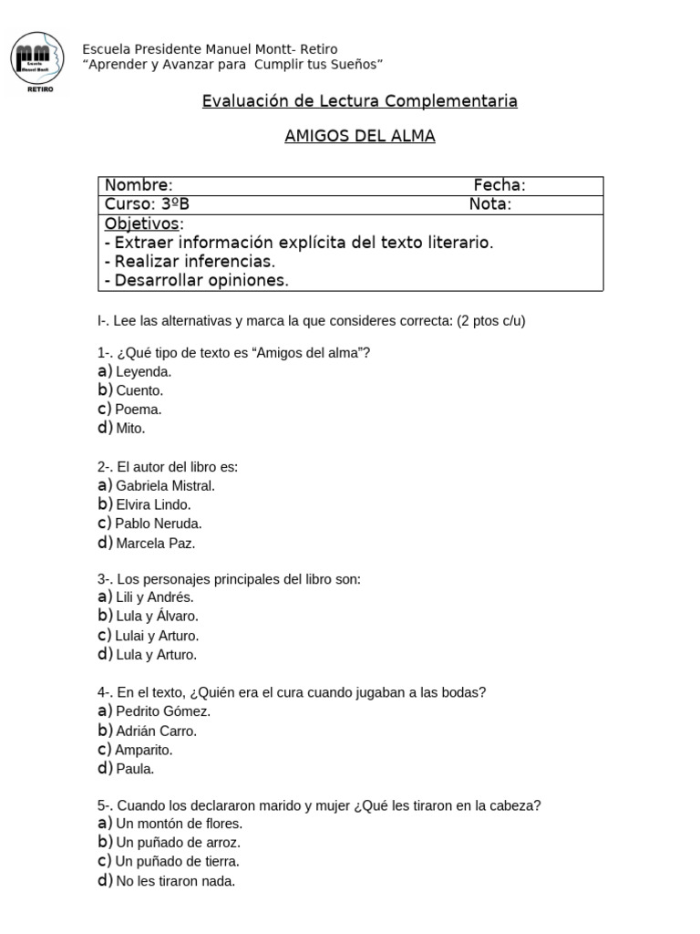Evaluación de Lectura: "Amigos del Alma" | PDF