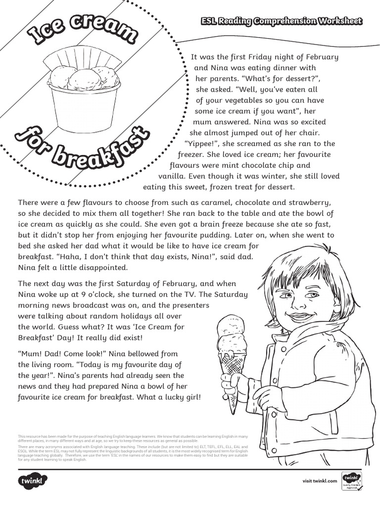 Ice Cream for Breakfast ESL Worksheet | PDF | English As A Second Or ...
