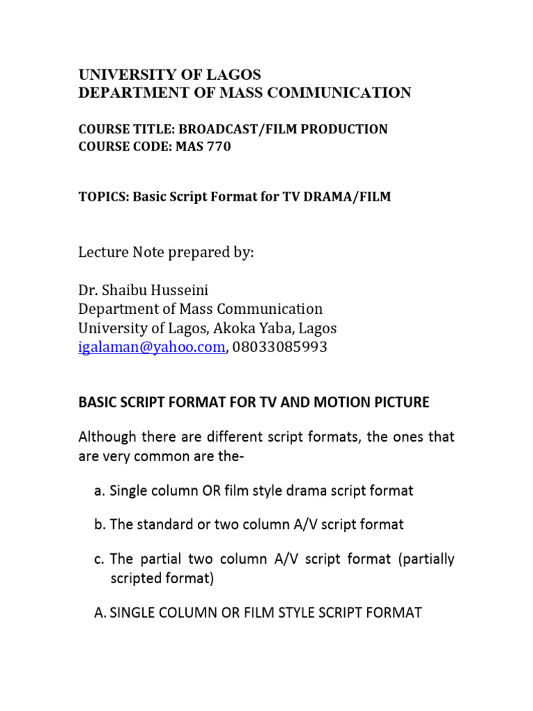 Mas 770 Lecture Note On Screen Writing For Tv-Film | PDF | Screenplay | Screenwriting