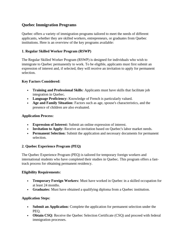 Quebec Immigration Programs Overview | PDF | Skilled Worker ...