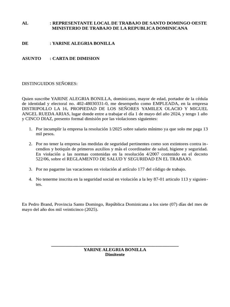 Carta de Dimision Yarine | PDF