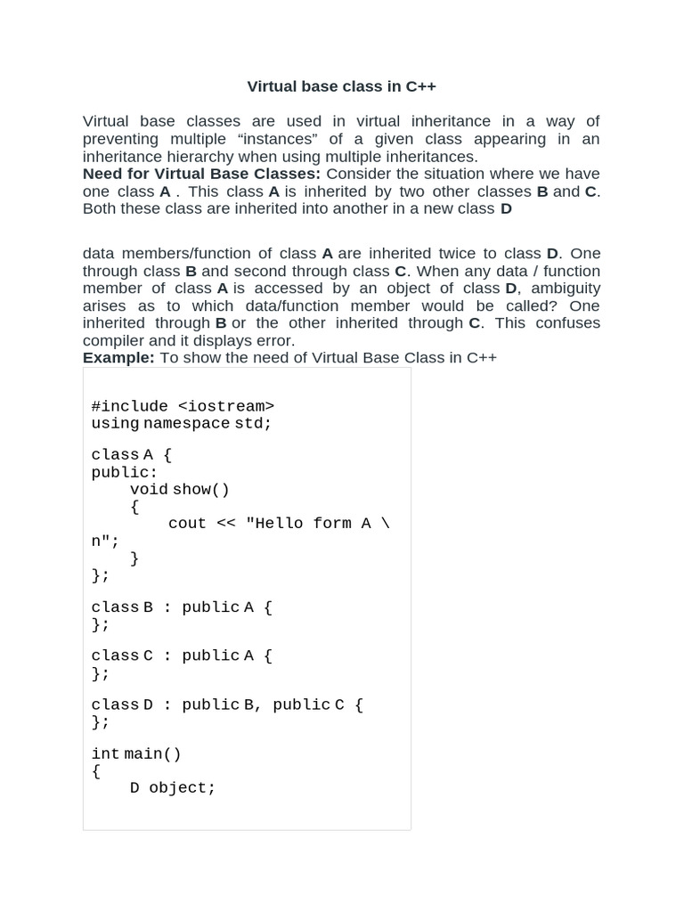 Virtual Base Class in Inheritance in C++ | PDF | C++ | Software Engineering