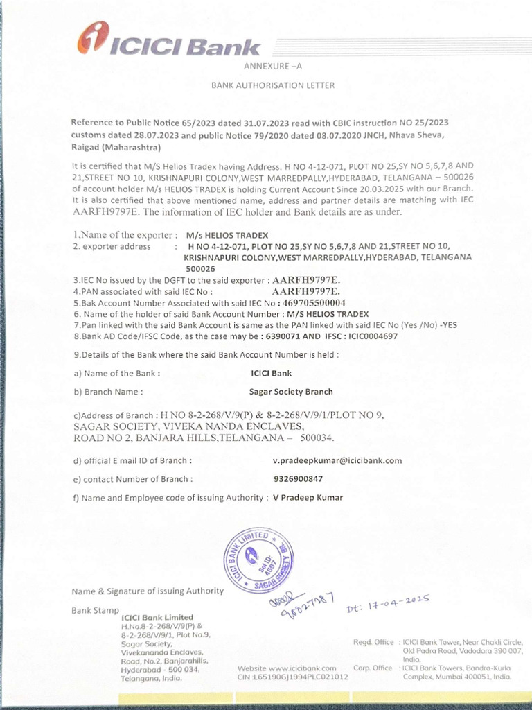 Bank Authorization Letter Icici | PDF