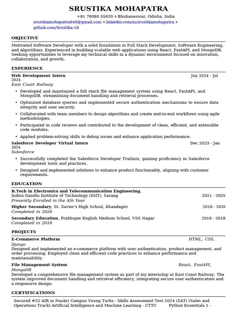 Resume - Srustika Mohapatra - Software Developer | PDF | Web Development | Computing