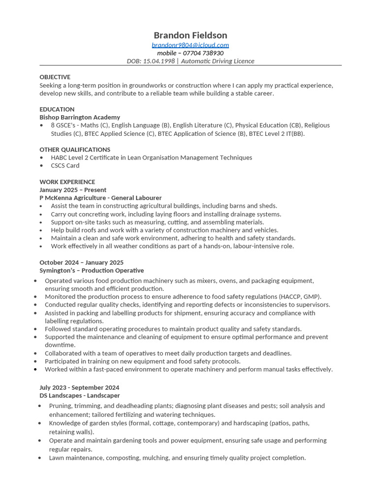 Construction and Groundworks CV | PDF | Lumber | Safety