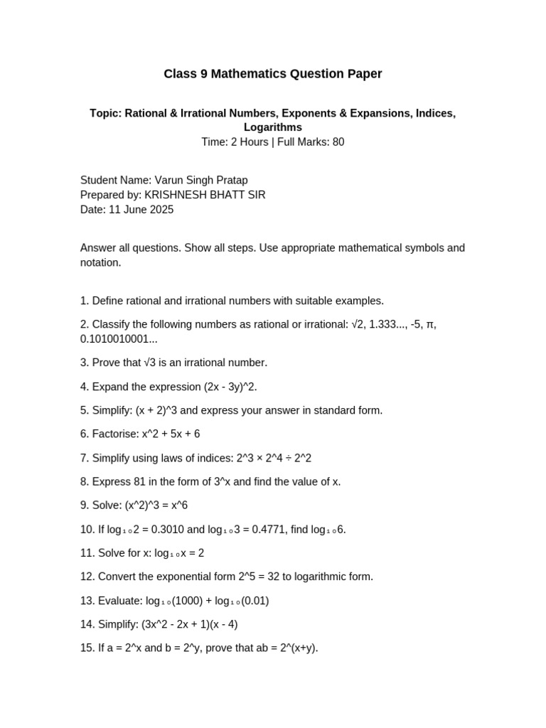 Class9 Math Question Paper | PDF