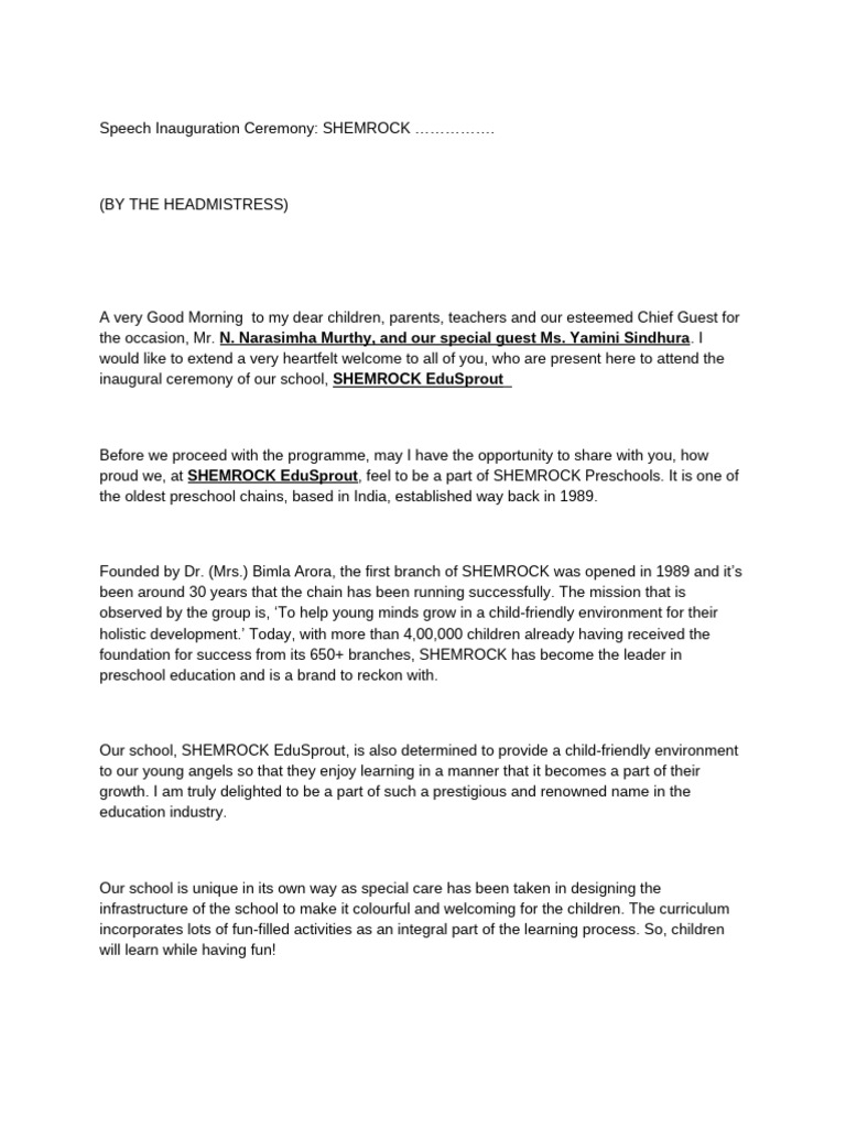 Sample Speech Inauguration Ceremony - SHEMROCK | PDF | Learning