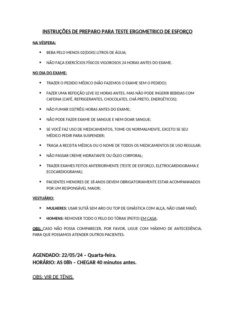 Instruções de Preparo Para Teste Ergometrico de Esforço | PDF