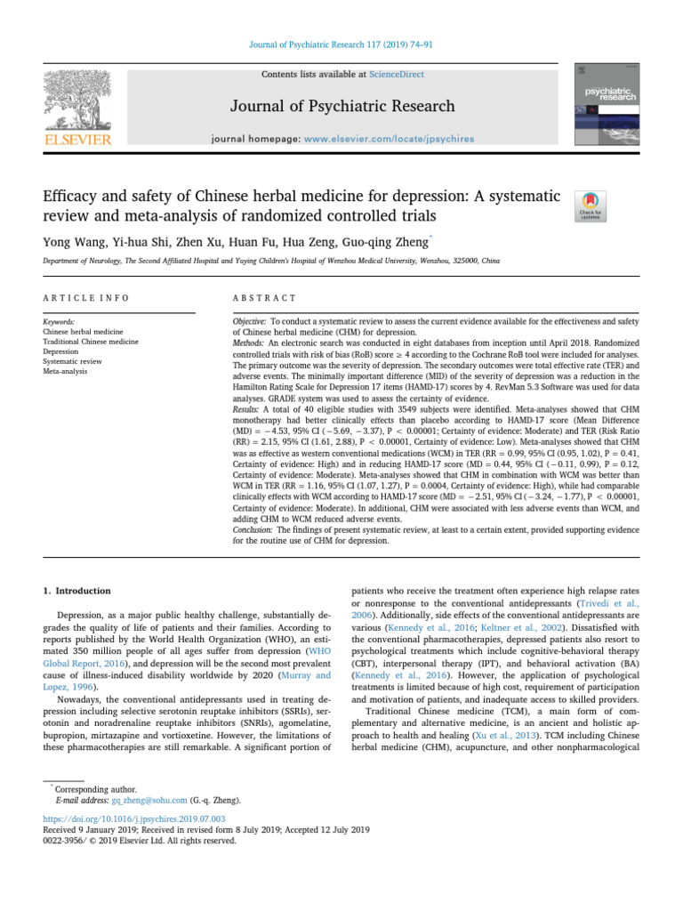 2019 Efficacy and Safety of Chinese Herbal Medicine For Depression A Systematic | PDF ...