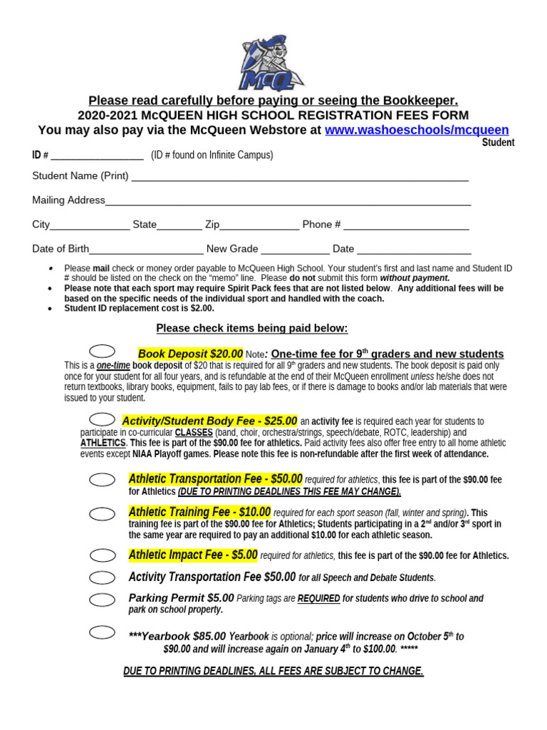 2020-21 Registration Fee Form | PDF | Fee | Money