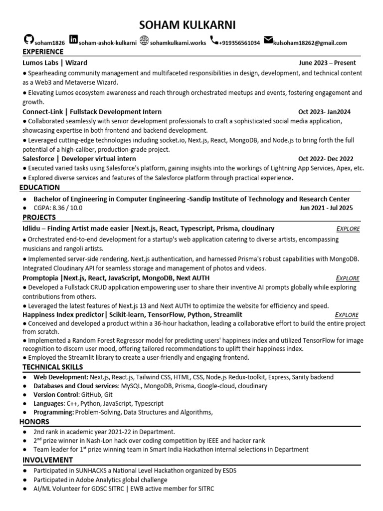Soham Kulkarni Resume PDF | PDF | Web Development | Software Development