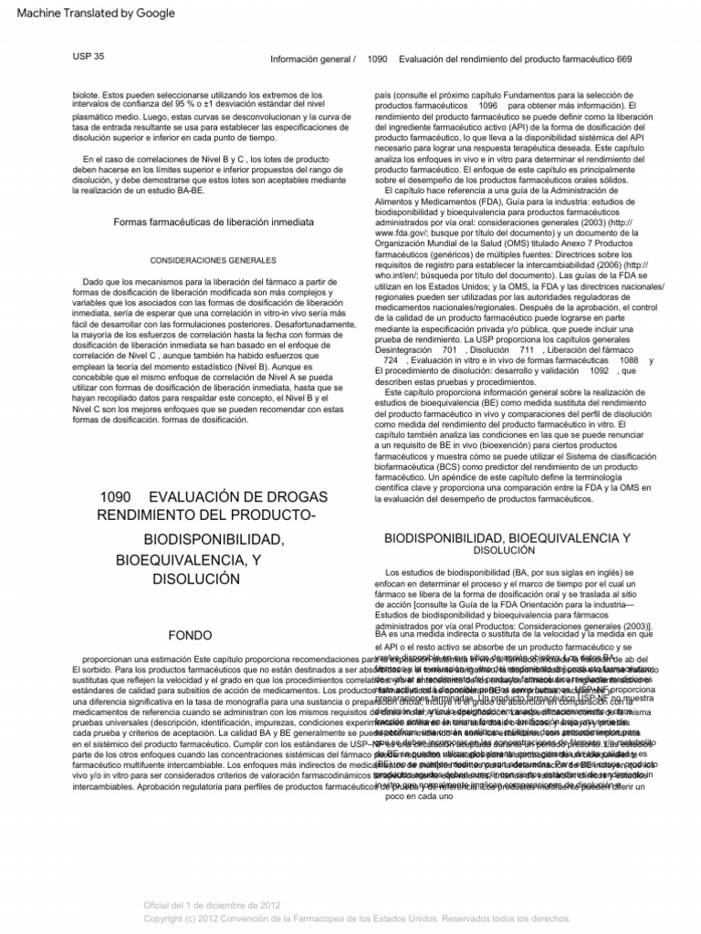 Usp 1090 Bioequivalence, Dissolution, Biowaiver-Español | PDF ...