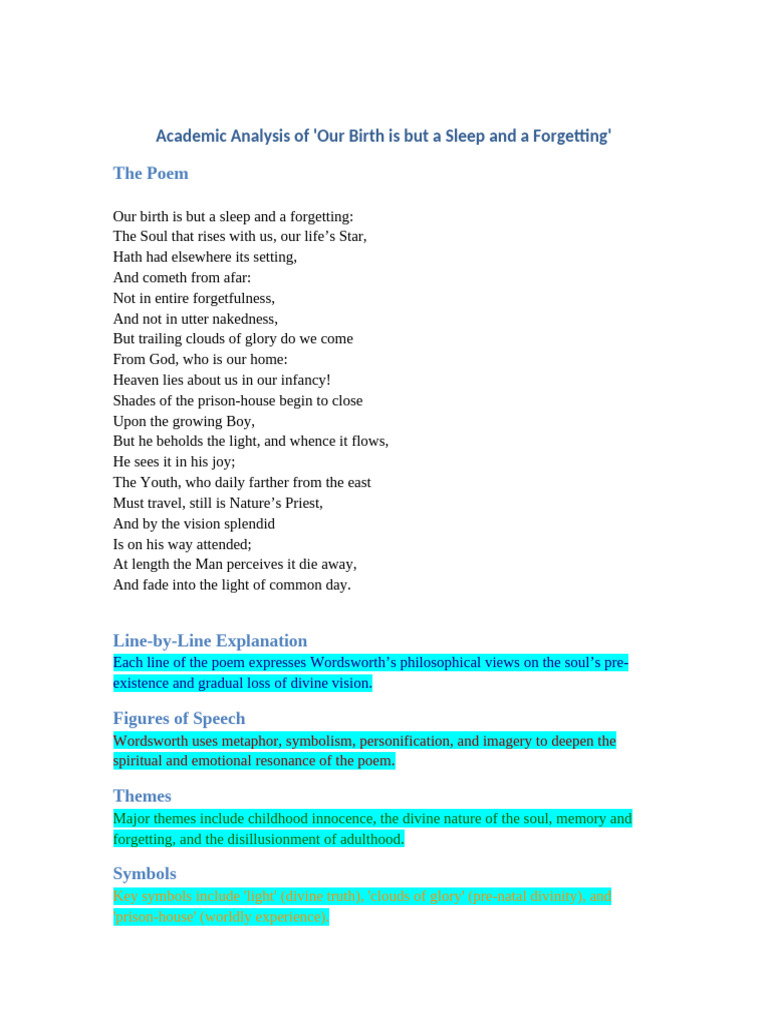 Wordsworth Poem Analysis With Visuals and References | PDF