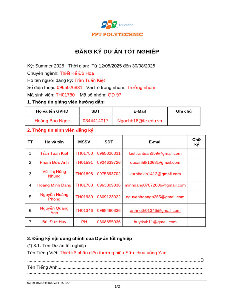 Mau Phieu Dang Ky Ten DATN | PDF