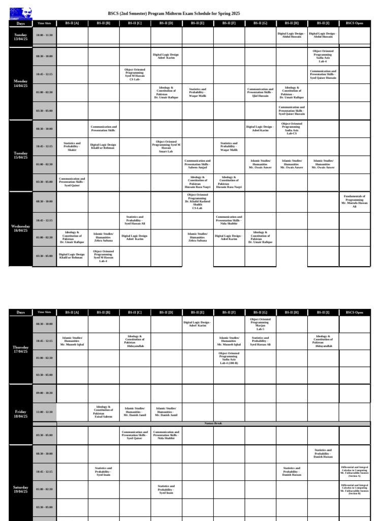 BSCS (1st 2nd Years Semester) Program Midterm Exam Schedule For Spring ...