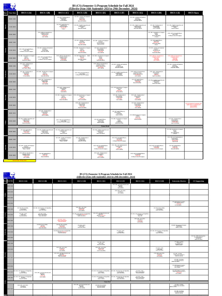 BSCS (1st & 2nd Years Semester) Program Classes Schedule For Fall 2024 | PDF