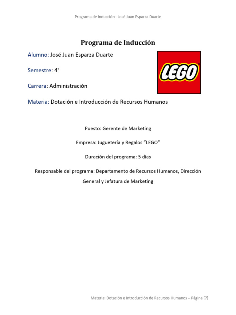 Programa Induccion Jugueteria LEGO | PDF | Marketing | Gestión de recursos humanos