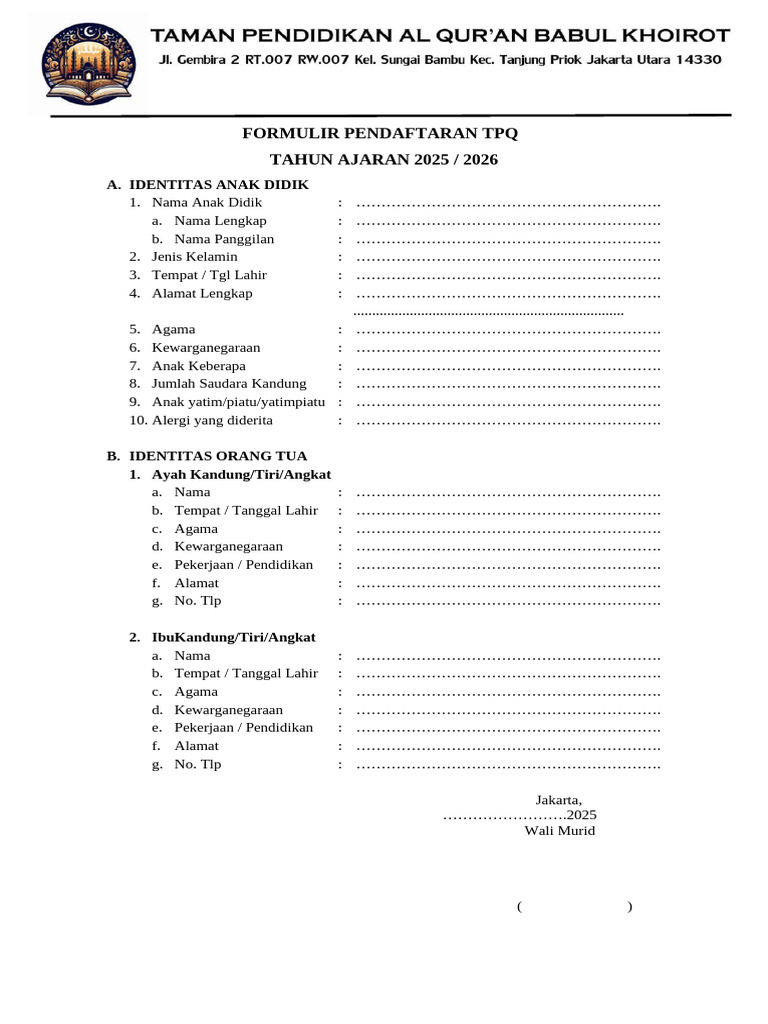 Formulir Pendaftaran TPQ | PDF