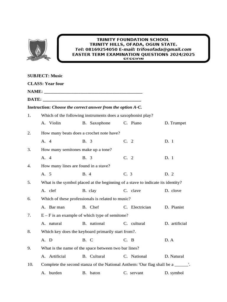 Year Four Music Exam Questions 2024 | PDF | Vocal Music | Pitch (Music)