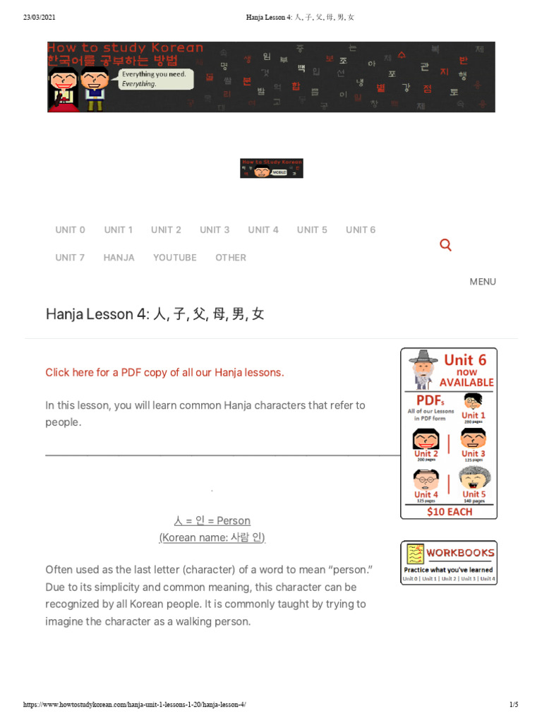Hanja Lesson 4 - 人, 子, 父, 母, 男, 女 | PDF | Korean Language | Linguistics