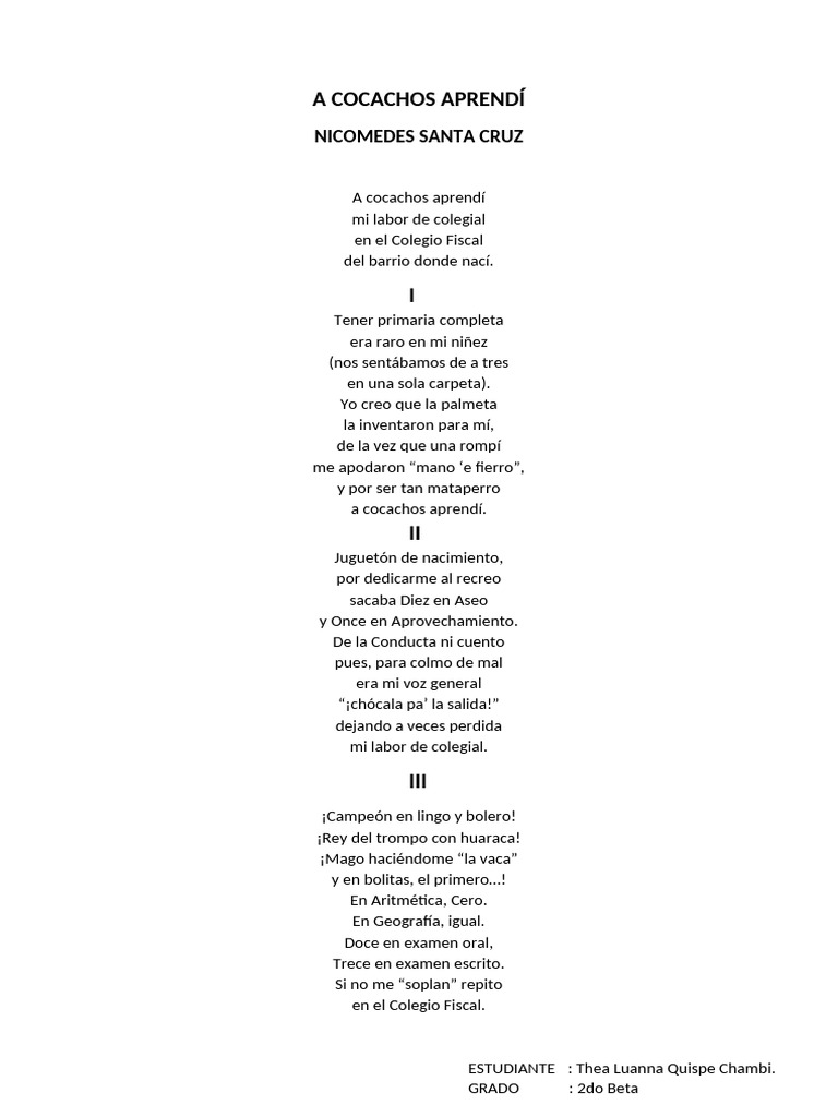 Poema "A Cocachos Aprendí" de Nicomedes | PDF