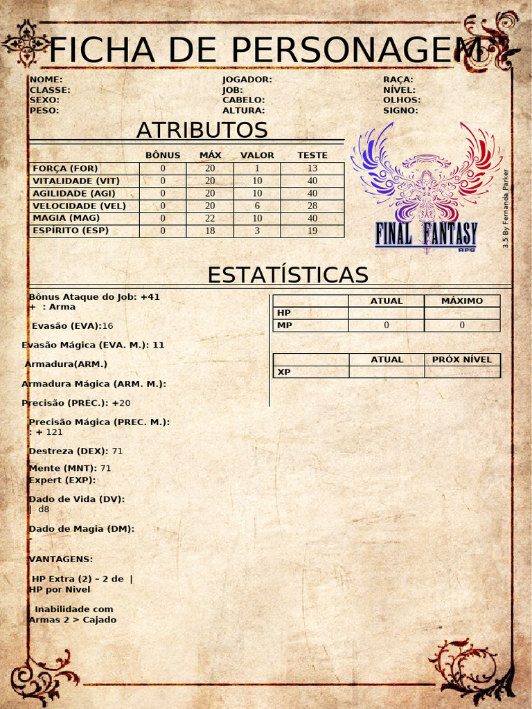 Ficha RPG Final Fantasy Editavel | PDF | Jogos de RPG | Videogames de RPG