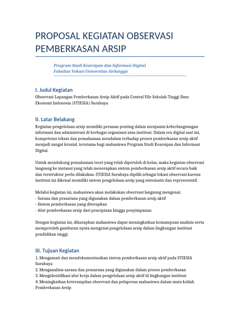 Proposal Observasi Pemberkasan Arsip STIESIA | PDF