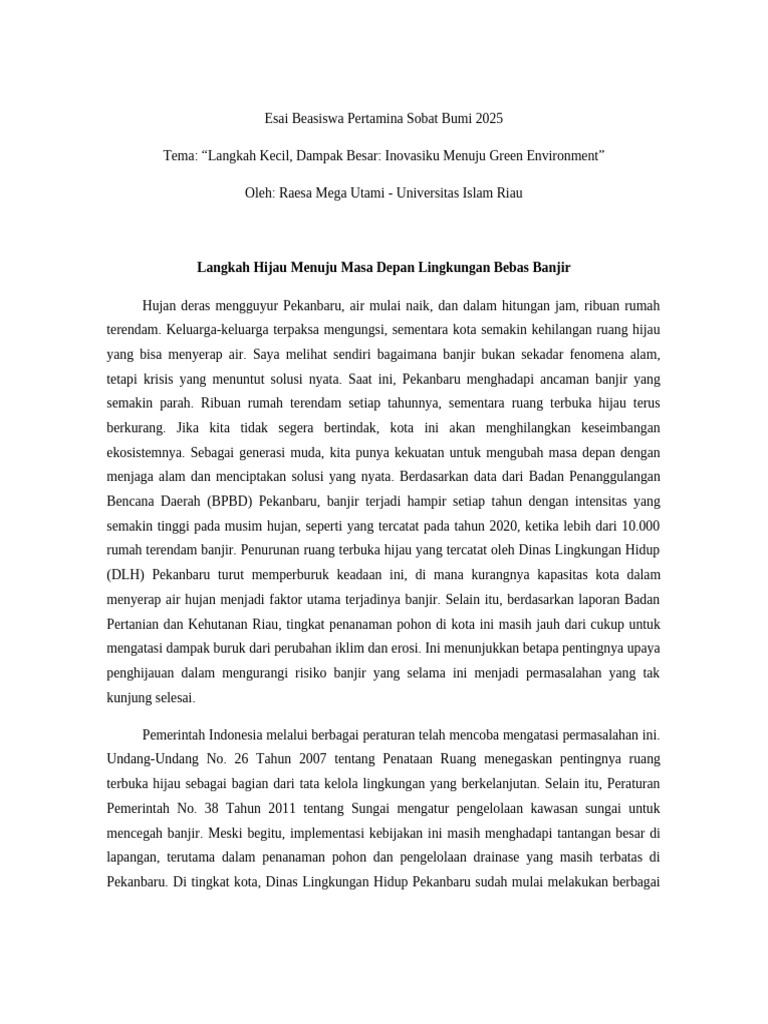 Esai Beasiswa Pertamina Sobat Bumi 2025 | PDF