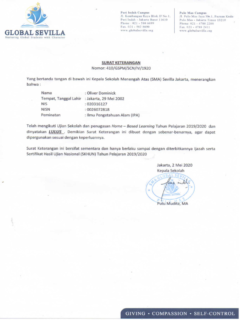 Surat Kelulusan SKL OLIVER (Graduation Letter Bahasa) | PDF