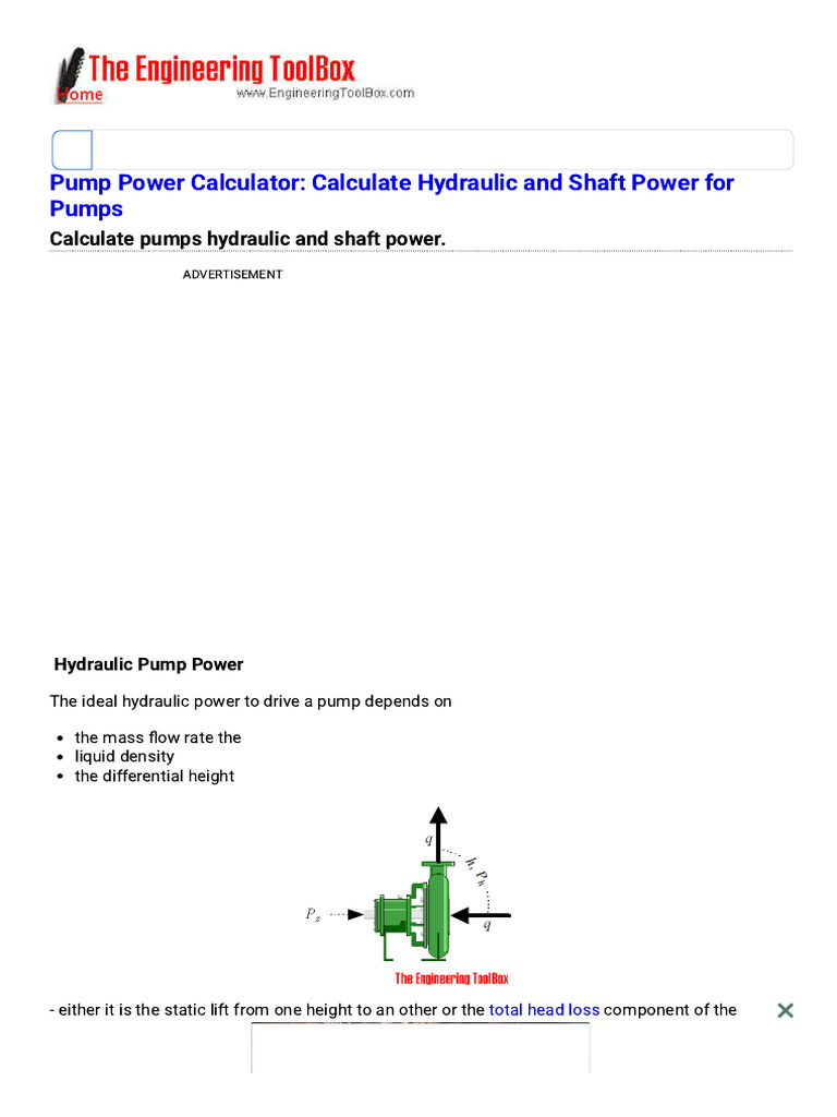 Pump Power Calculator - Calculate Hydraulic and Shaft Power For Pumps ...