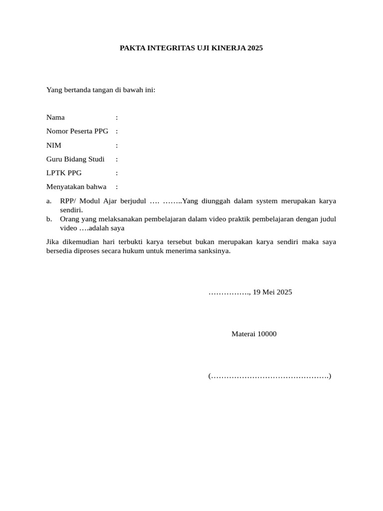 Pakta Integritas Uji Kinerja 2025 | PDF