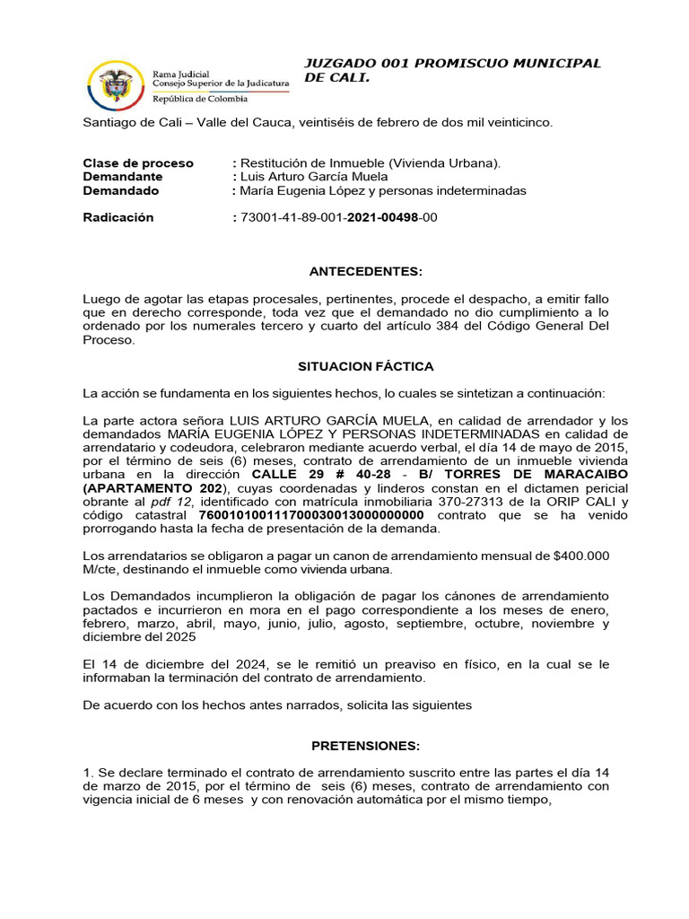 Clase de Proceso: Demandante: Demandado: Radicación: 2021-00498 | PDF ...