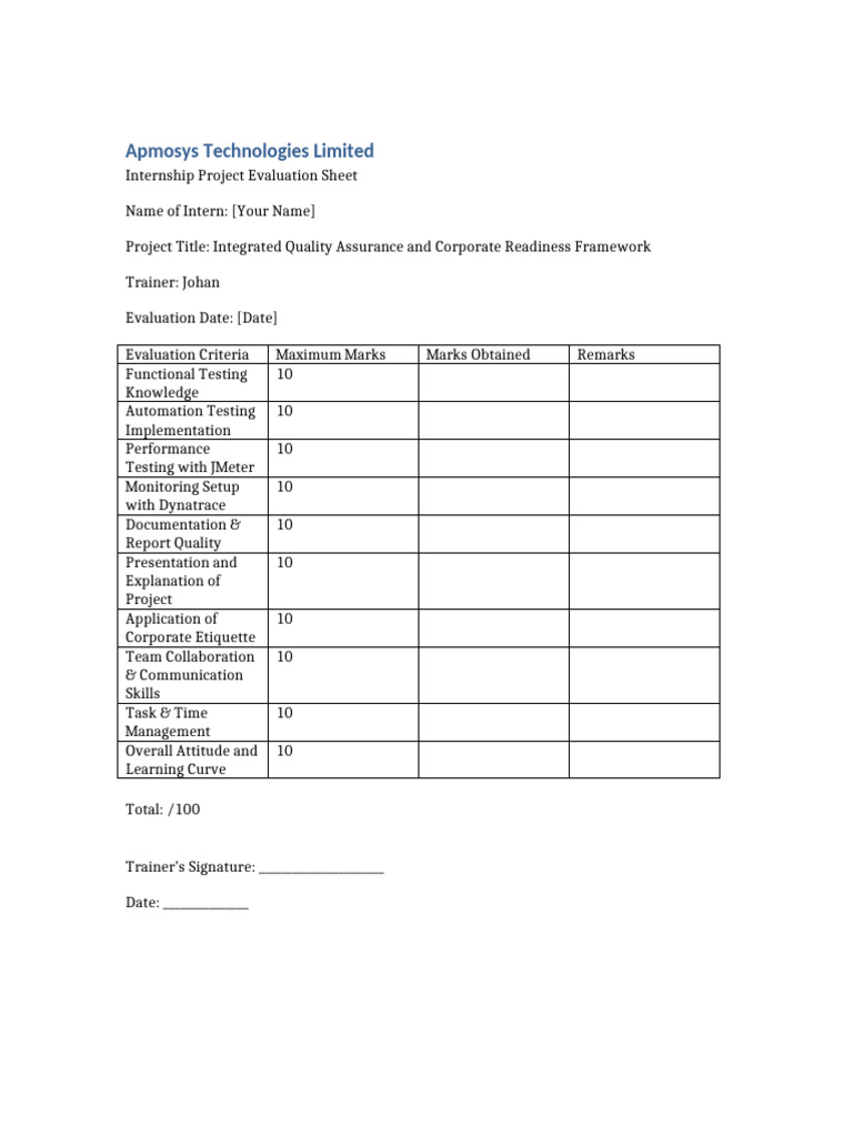 Internship Project Evaluation Sheet | PDF