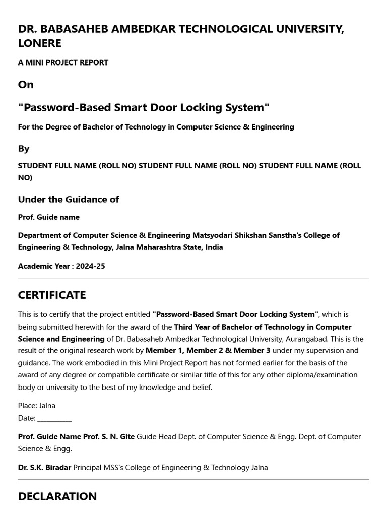 Password-Based Smart Door Locking System - Project Report | PDF | Computer Security | Security