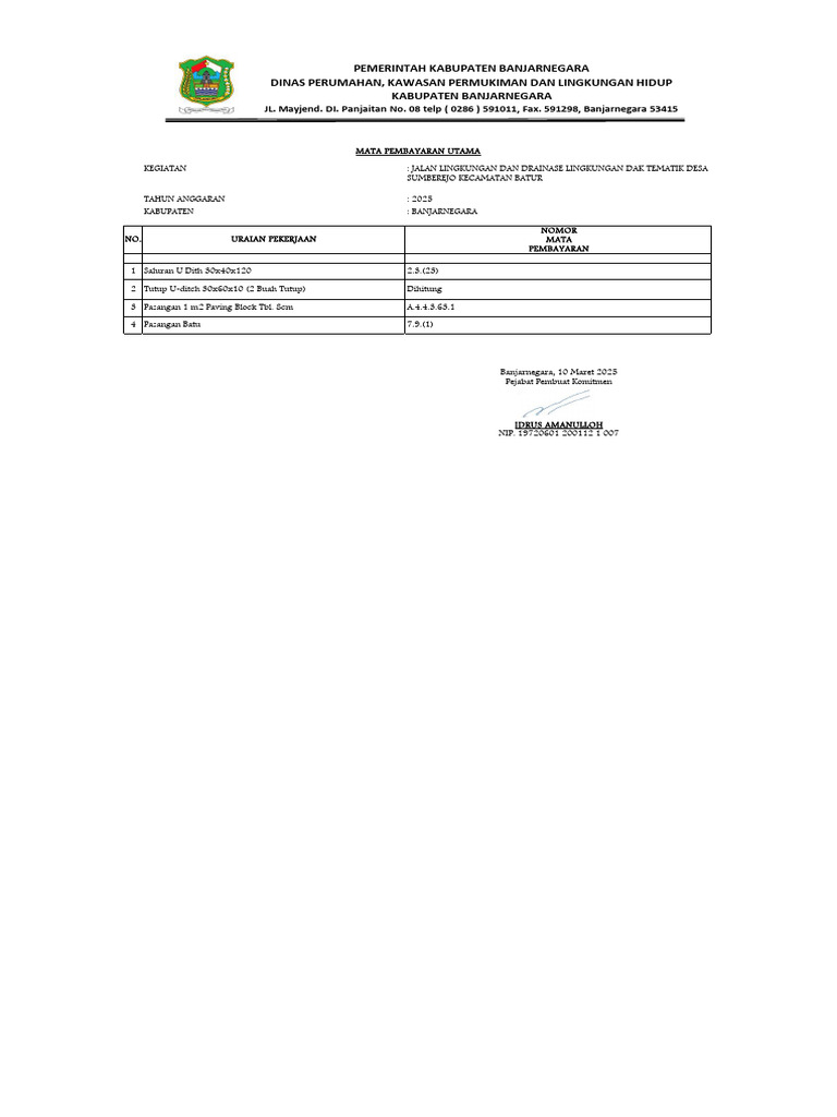 MPU BQ Jalan Drainase Desa Sumberejo | PDF