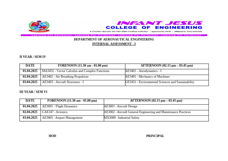 Internal Exam - I - Time Table (24.3.25) | PDF